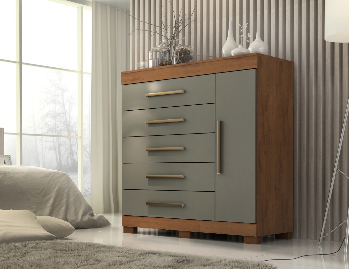 Cômoda Rayane Acp com 5 Gavetas e Sapateira - Savana/Grafite - Móveis ...